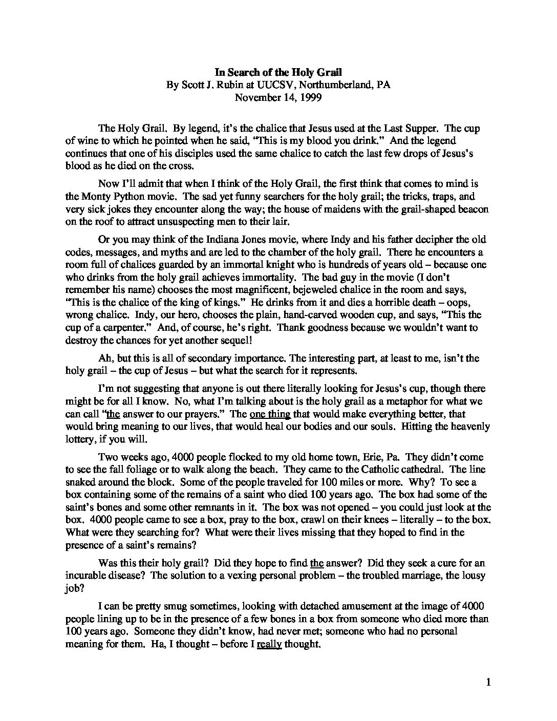In Search of the Holy Grail 1999-11-14 Scott Rubin – Unitarian ...